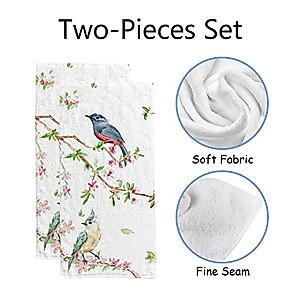 Spring Birds on Flowering Branch Fingertip Face Bath Towels, Soft Absorbent Thin Guest Hand Towels, 2 Pack Spring Flowers Decorative Dish Towels for Kitchen Bathroom Hotel Gym, 30x15 Inch