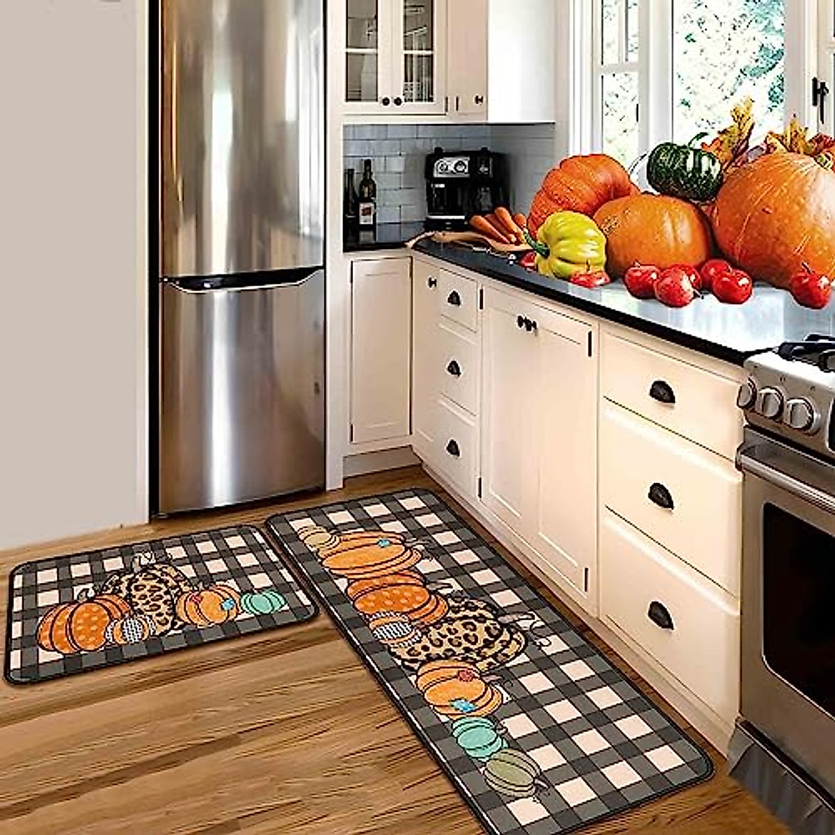 Fall Kitchen Rugs and Mats Set of 2, Thanksgiving Kitchen Rug Non Slip Backing Fall Decorations for Home Seasonal Farmhouse Fall Holiday Autumn Harvest Low-Profile Kitchen Floor Mat 17"X47"+17"X30"