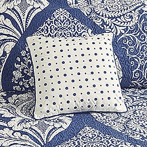 Madison Park Vienna Reversible Cotton Quilt-Luxury Stitching Design All Season, Breathable Coverlet Bedspread Bedding, Shams, Decorative Pillow, King/Cal King, Indigo 6 Piece