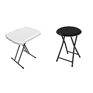 Lifetime 80251 Adjustable Folding Laptop Table TV Tray, 26 Inch, White Granite & Lavish Home Folding Stool, 18", Black
