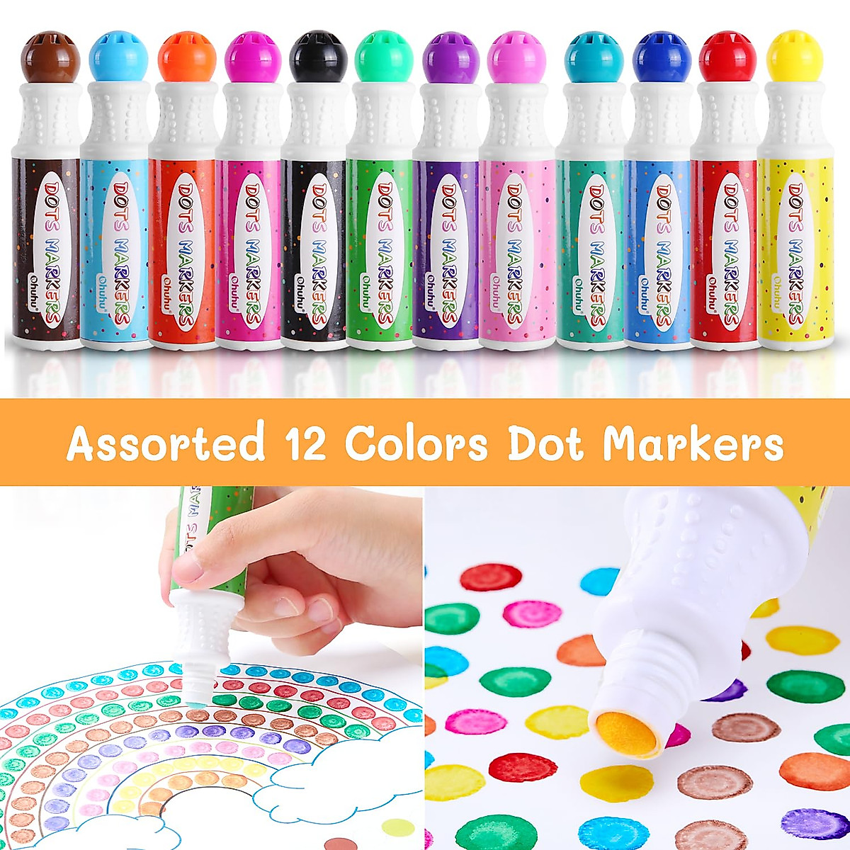 Ohuhu Washable Dot Markers for Toddler 12 Colors Bingo Daubers 40 ml (1.41 oz) with 30 Pages Kids Activity Book for Kids Children (3 Ages +) Preschool Non-Toxic Water-Based Dot Art Markers