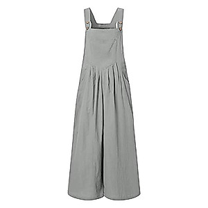Sdeycui Womens Ethnic Style Solid Pocket Loose Romper Wide Leg Suspender Jumpsuit(Gray, M)