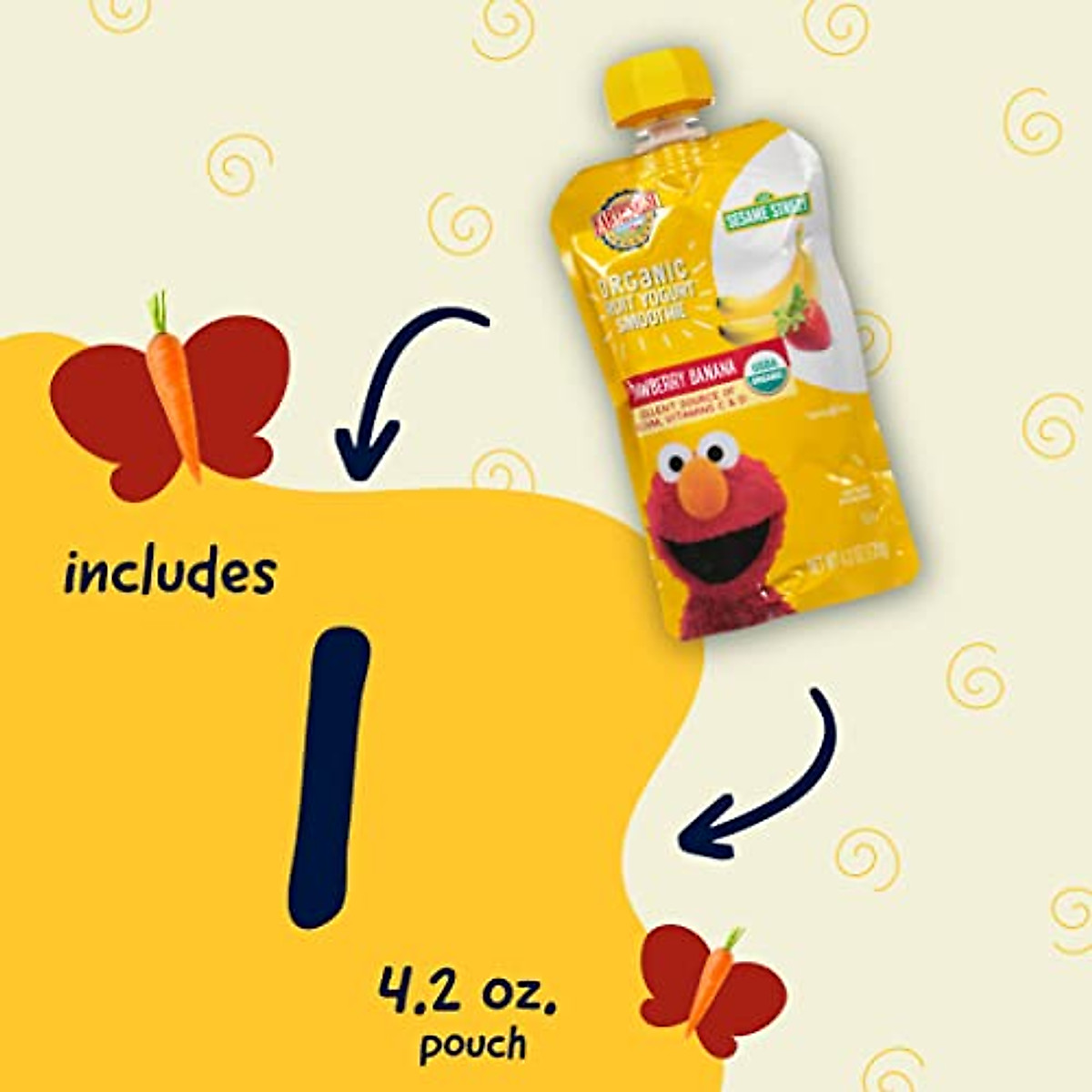 Earth's Best Organic Kids Snacks, Sesame Street Toddler Snacks, Organic Fruit Yogurt Smoothie for Toddlers 2 Years and Older, Strawberry Banana, 4.2 oz Resealable Pouch