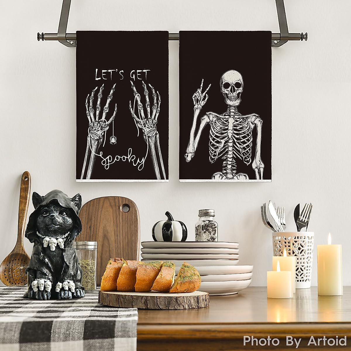 Artoid Mode Skeleton Hand Spooky Halloween Kitchen Towels Dish Towels, 18x26 Inch Bones Let's Get Decoration Hand Towels Set of 2