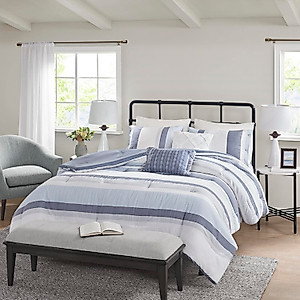 Madison Park Allegany Jacquard Comforter Set, Casual Farmhouse Striped Design, Modern Bedroom Décor, All Season Bedding with Matching Sham, Decorative Pillows, King/Cal King, Blue 5 Piece