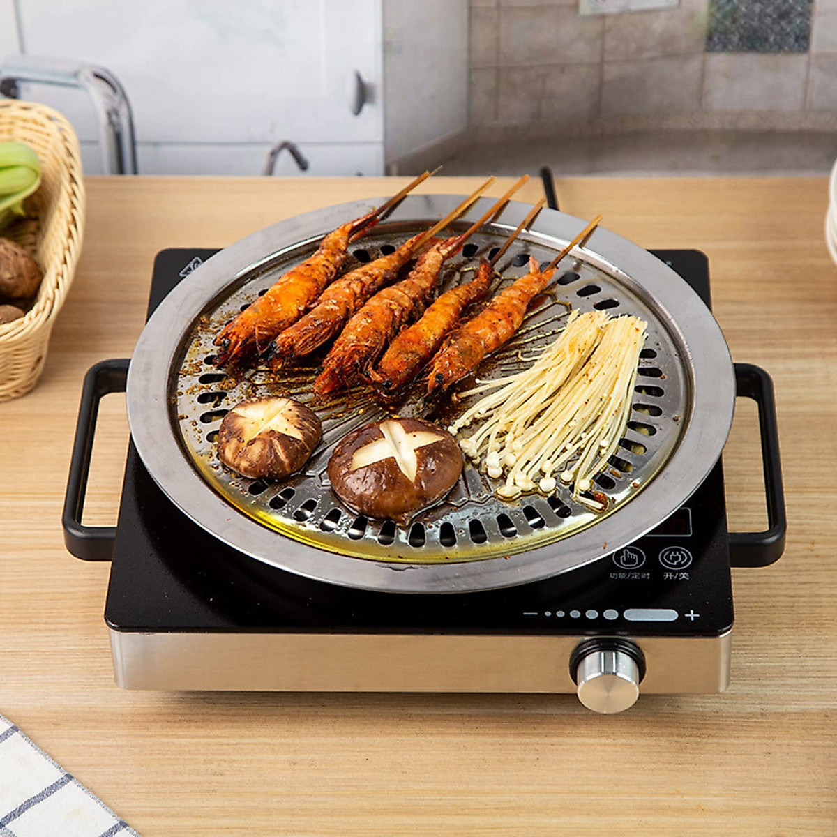 Saim Korean BBQ Grill Pan,Stainless Steel Non-Stick Roasting Smokeless Barbecue Grill Pan,Round Korean Style Stovetop for Indoor Outdoor Camping BBQ