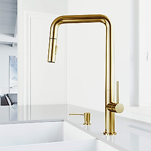 VIGO Parsons 18'' H Single Handle Pull-Down Sprayer Kitchen Faucet Set with Soap Dispenser in Matte Brushed Gold-VG02031MGK2