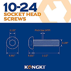 10-24 x 1-1/2" Button Head Socket Cap Bolts Screws, 304 Stainless Steel 18-8, Allen Hex Drive, Fully Machine Thread, 50 PCS
