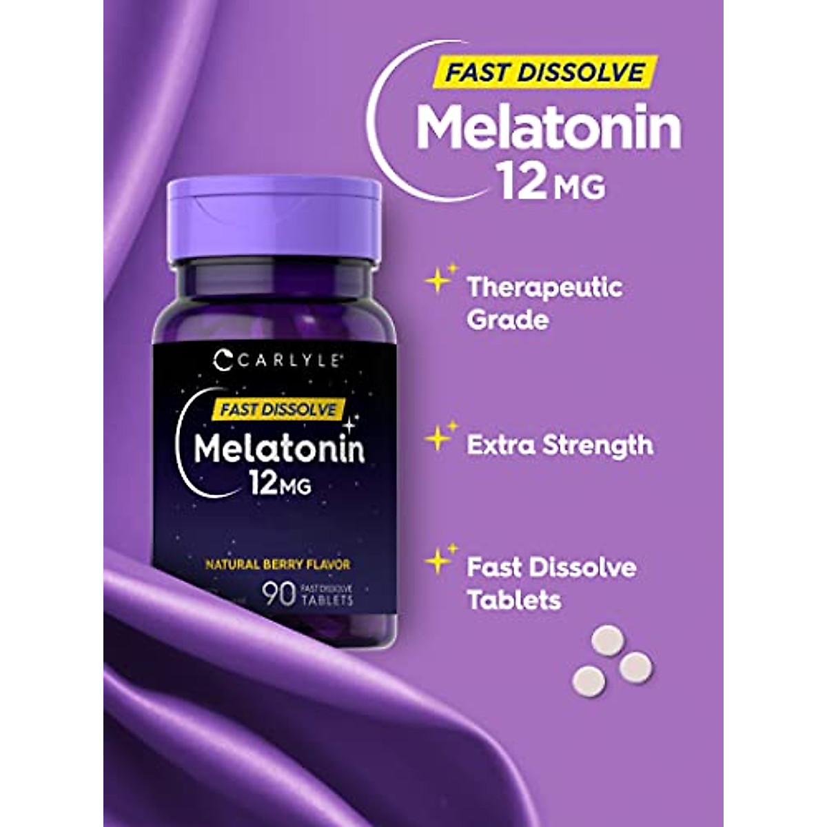Carlyle Melatonin 12 mg Fast Dissolve 90 Tablets | Natural Berry Flavor | Vegetarian, Non-GMO, Gluten Free