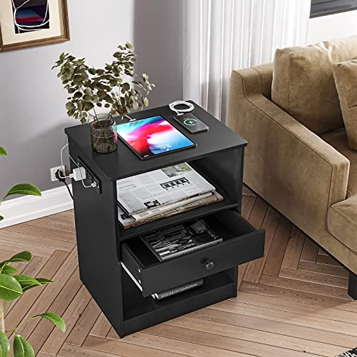 EPHEX Set of 2 Nightstand with Charging Station and Drawer, End Side Table with USB Ports & Power Outlet, Bedside Table Storage Cabinet with 2 Open Drawers for Bedroom, Black