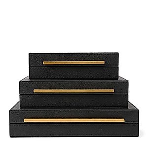 Kingflux Faux Black Shagreen Leather Set of 3 Pcs Decorative Boxes, Storage Boxes Jewelry Organizer, Men's Accessory Organizer (Black)