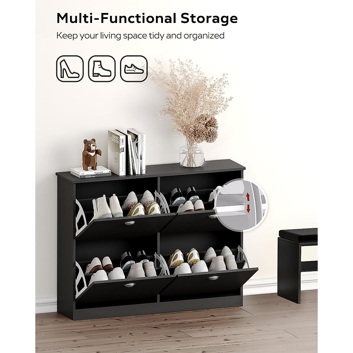 MIRROTOWEL Shoe Cabinet,Hidden Slim Narrow Shoe Rack Cabinet with 4 Drawers for Entryway, Foyer,Hallway,Bedroom,Black