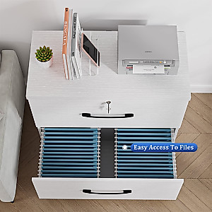 2 Drawer Wood Lateral File Cabinet with Lock, Home Office Storage Filing Cabinet with Anti-Tilt Mechanism with 8 Hanging Bars for Letter/Legal Size Heightened Drawer Side (White)