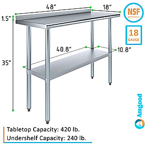 AmGood 48" Long x 18" Deep Stainless Steel Work Table with 1.5" Backsplash | Metal Kitchen Food Prep Table | NSF