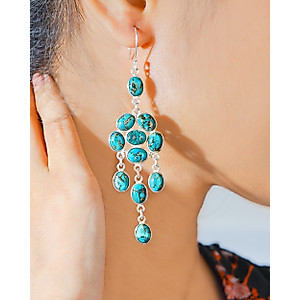 YoTreasure Blue Copper Turquoise 925 Sterling Silver Fishhook Chandelier Earrings Birthstone Fine Jewelry for Women