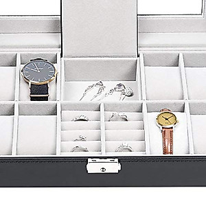 NEX Watch Box, 8 Slots Lockable Leather Watch Case Organizer with Ring Storage for Women Men, Black