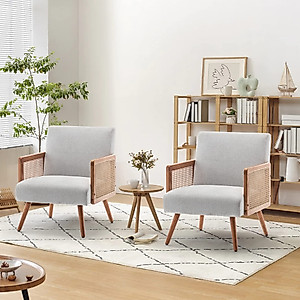 SHINEBOOM Accent Chair with Rattan Arms, Upholstered Mid Century Modern Chair for Bedroom Living Room Reading Chairs Rattan Armchair, Linen Comfy Lounge Chairs Side Chair, Beige