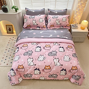 Gusuhome 7 Piece Girls Cats Comforter Set Twin Size Bed in A Bag Pink Cute Cartoon Pet Cat Bedding Set for Kids Boys Teens (1 Comforter, 1 Flat Sheet, 1 Fitted Sheet, 4 Pillow Sham) Gray