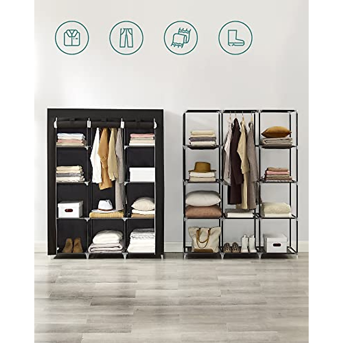 SONGMICS 51-Inch Portable Closet, Wardrobe Storage Organizer with 10 Shelves, Closet System with Hanging Rods and Cover, for Hanging Clothes, Quick and Easy Assembly, Black URYG93BK