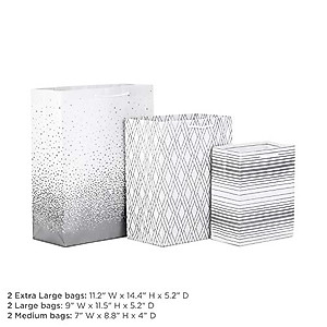 Hallmark Silver Gift Bag Assortment - Diamonds, Stripes, Dots (Pack of 6: 2 Medium 9", 2 Large 11", 2 Extra Large 14") for Christmas, Hanukkah, Graduations, Birthdays, Weddings, Bridal Showers