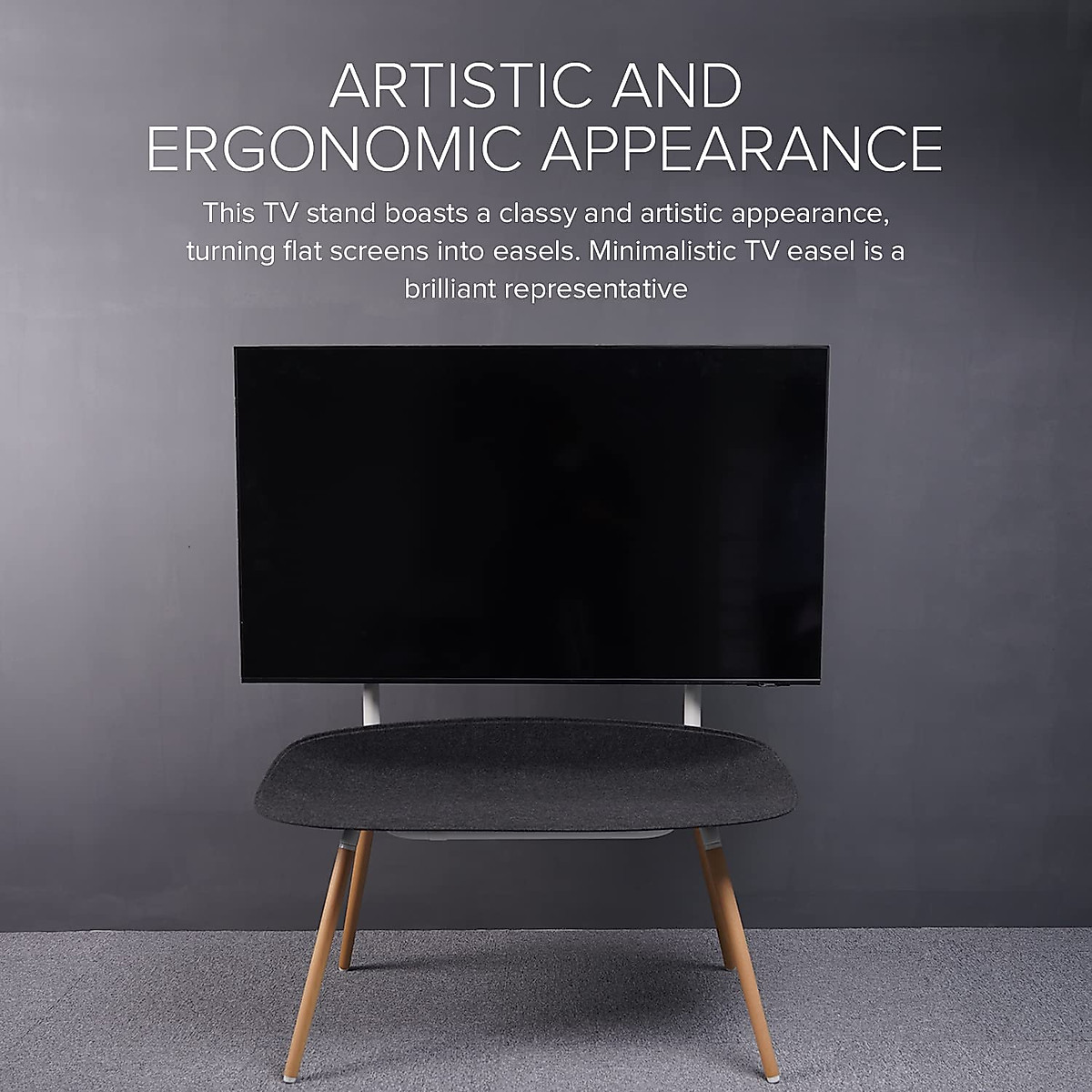 POUT E17 TV Studio Display - Solid Wood Legs Metal Base w/Height Adjustable Black Bracket & Felt Shelf - Supports Max Load 88lbs 55 to 70 Inch LED VESA Screens - Universal TV Mount (Black Walnut)