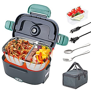 Kabbas Electric Lunch Box Food Heater with 2 Compartments 70W Leakproof Portable Food Warmer Lunch Box for Adults Car Truck Work, 12/24V&110/220V Self Heating Lunch Box with 1.5L Removable Container