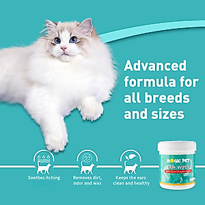 Magic Pet - Dog Ear Cleaner Wipes — 120 Grooming Wipes W/Aloe Vera & Eucalyptus — Gentle 99% Water Pet Ear Wipes for Odor & Wax Removal — Otic Dogs & Cats Ears Cleanser Itch-Free Pet Grooming Supplies