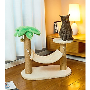 LUCKITTY Small Cat Scratching Posts Kitty Coconut Palm Tree-Cat Scratch Post for Cats and Kittens - Natural Jute Sisal Scratch Pole Cat Scratcher (Post &Hammock)