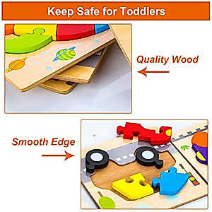 SKYFIELD Wooden Vehicle Puzzles for 1 2 3 Years Old Boys Girls, Toddler Educational Developmental Toys Gift with 6 Vehicle Baby Montessori Color Shapes Learning Puzzles, Great Gift Ideas