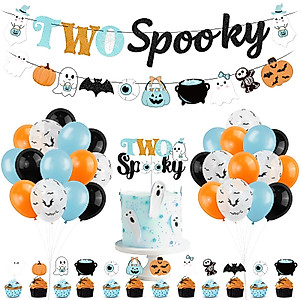 K KUMEED Halloween 2nd Birthday Party Decorations,Blue Two Spooky Themed Banner,Cute Ghost Eyeballs Hat Cake Topper and Latex Balloons for Halloween 2 Year Old Boys Party Favor Supplies