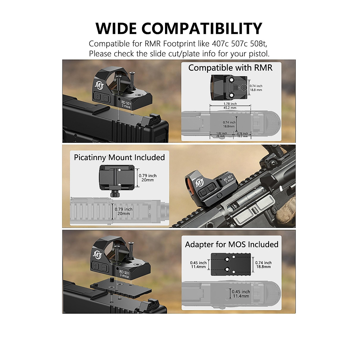 MidTen S01 Shake Motion Awake Red Dot Sight for RMR, Adapter for GL MOS & Picatinny Included, 3 MOA Pistol Scope Optics Sight for Full Size Handgun, 28mm Large Aspheric Lens 1500G Shockproof