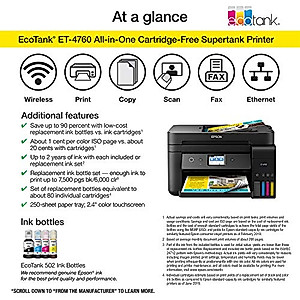 Epson EcoTank ET-4760 Wireless Color All-in-One Cartridge-Free Supertank Printer with Scanner, Copier, Fax, ADF and Ethernet - Black