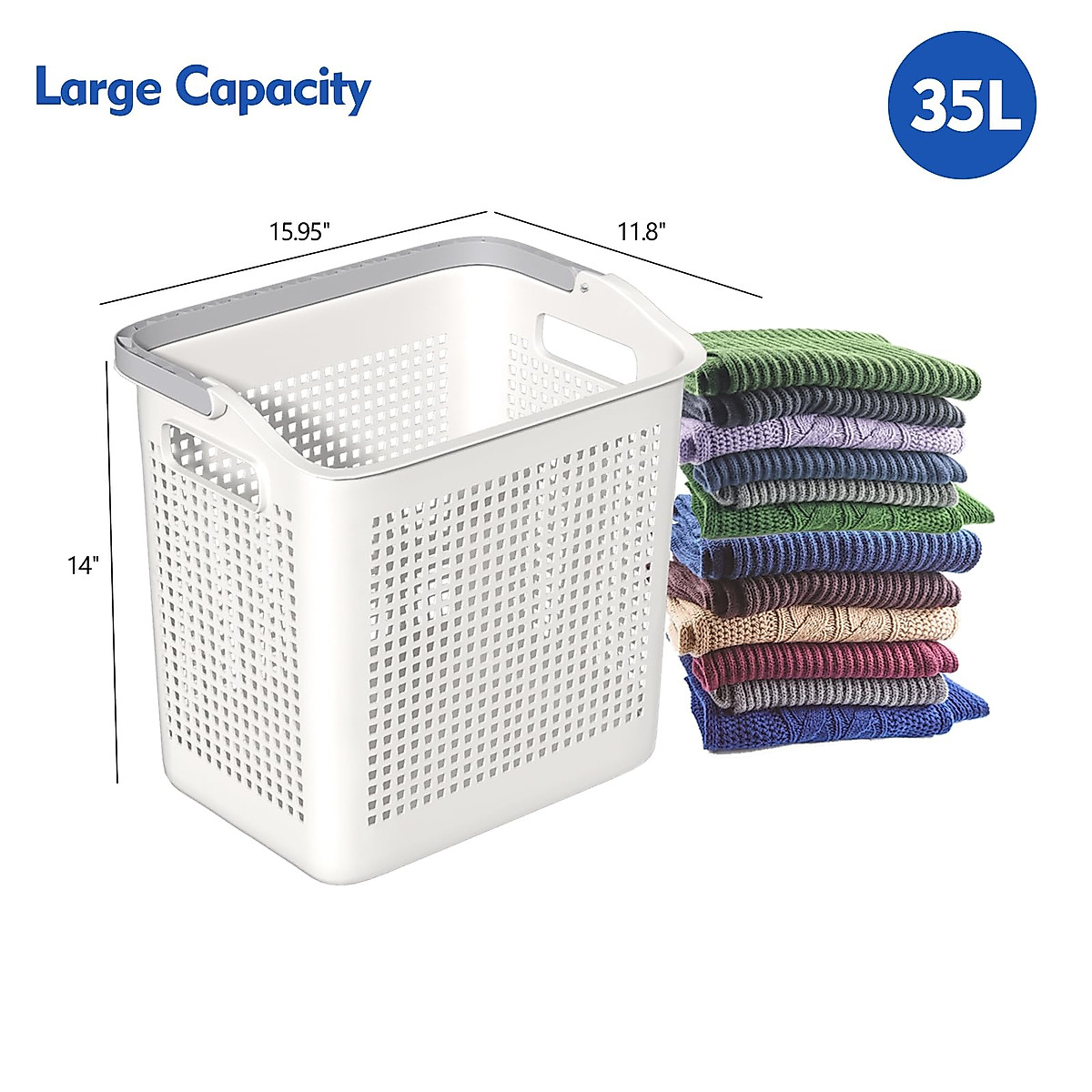 Tyminin Pack of 4 Plastic Laundry Hamper Basket, Dirty Clothes Storage Hamper Bin with Handle, White