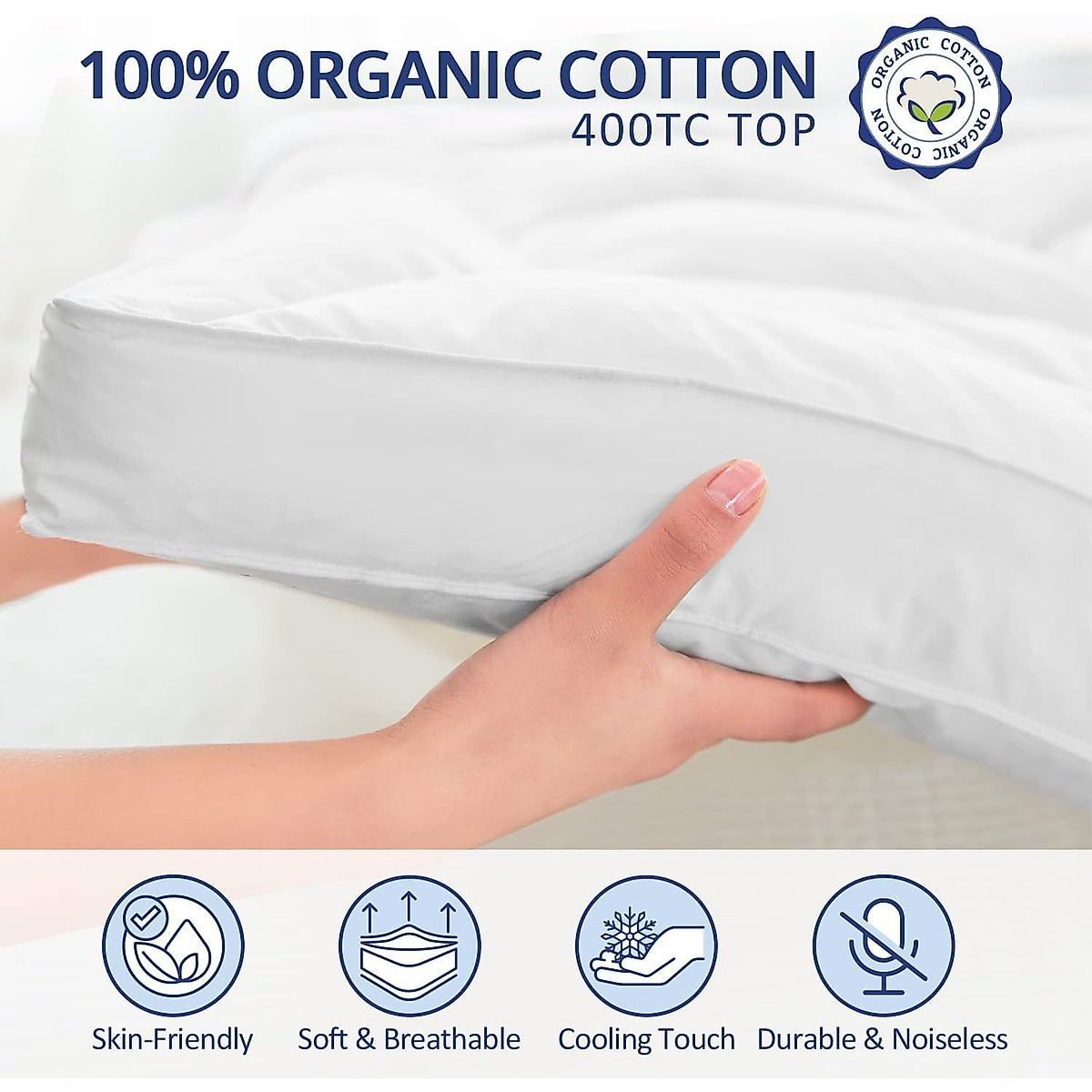 ELEMUSE 1300 GSM Overfilled Mattress Topper King with Baffle Box Design,Extra Thick Cooling King Pillow Top Pad, 400TC Organic Cotton Cover, Plush & Support Snow Down Alternative, White