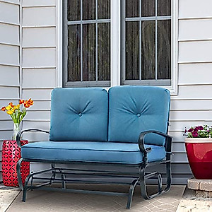 Crownland Outdoor Patio Glider Chair Porch Furniture Loveseat Seating, Wrought Iron Look Rocking Bench for Outside with Cushion(Peacock Blue)