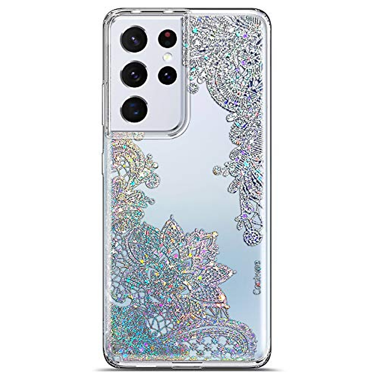 Coolwee Clear Glitter for Galaxy S21 Ultra Case Thin Flower Slim Cute Crystal Lace Bling Women Girl Floral Plastic Hard Back Soft TPU Bumper Protective Cover for Samsung Galaxy S21 Ultra Mandala Henna