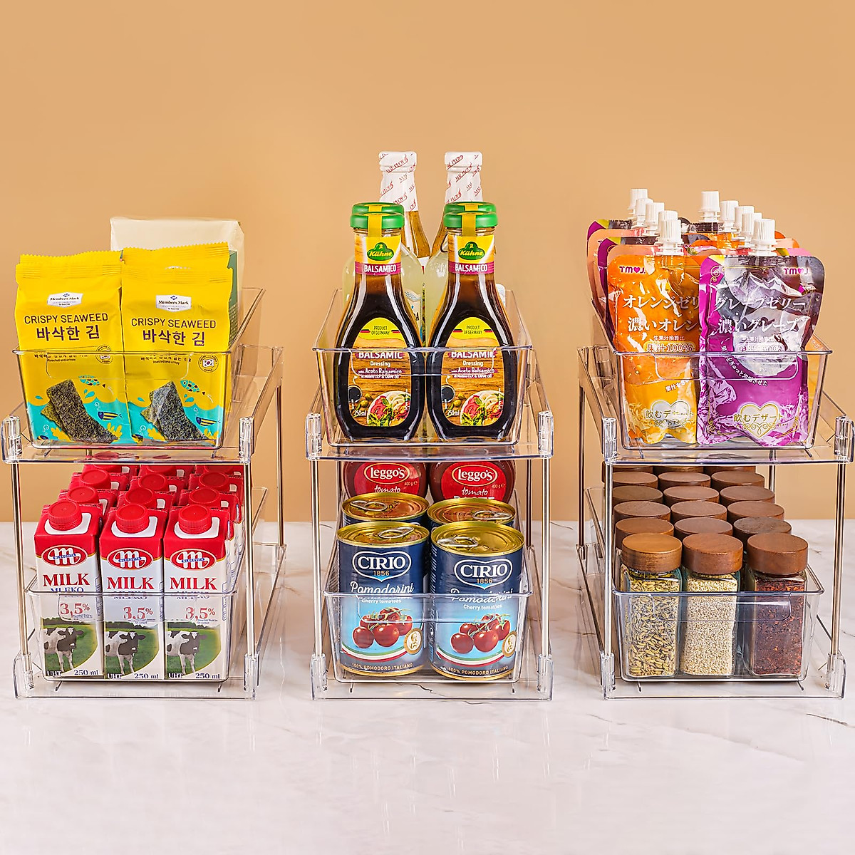 Zero Zoo 4Pack 2-Tier Bathroom Storage Organizer, Clear Under Sink Organizers Kitchen Vanity Counter Storage Container, Medicine Cabinet Drawers Bins, Pull-Out Organization with Track for Pantry