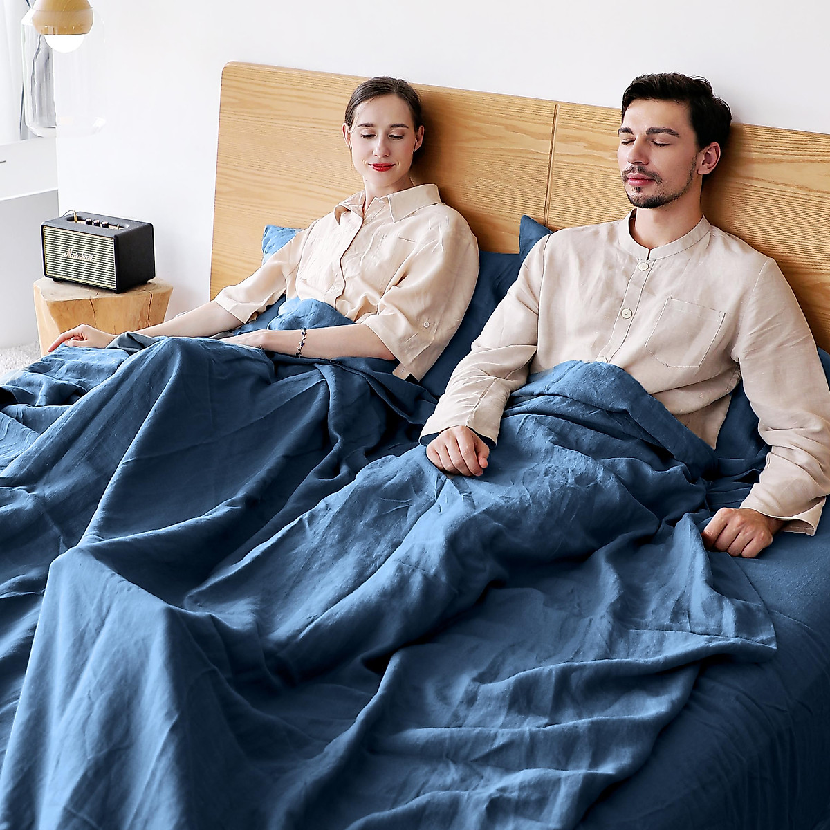 Simple&Opulence Belgian Linen Sheet Set Solid Color - 4 Pieces (1 Flat Sheet, 1 Fitted Sheet & 2 Pillowcases) Natural Flax Cotton Blend Soft Breathable Farmhouse Bedding - Queen Size, Classic Blue