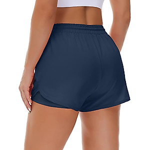 Mancreda Women's Running Shorts with Liner 3 Zipper Pockets Elastic Workout Athletic Gym Yoga Shorts(NA,M) Navy