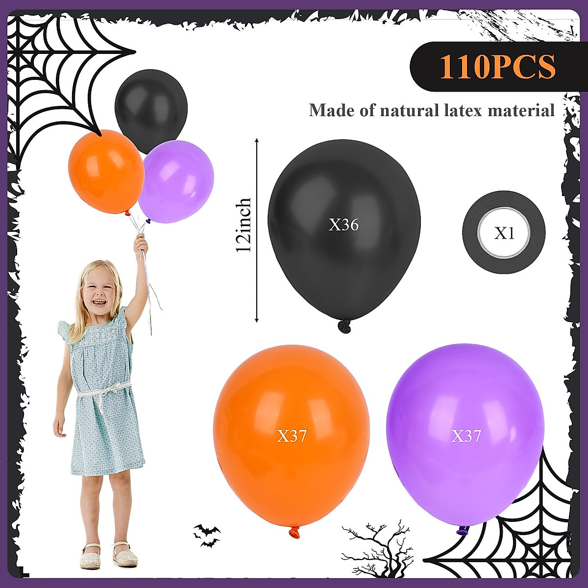 MCPINKY Halloween Balloons Set, 110PCS Halloween Balloons Black Purple Orange Latex Balloons for Halloween Anniversary Graduation Decoration 12 Inch