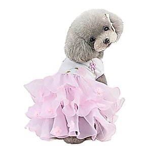 QWINEE Dog Dresses Pets Flower Mesh Dog Tutu Dress Birthday Wedding Party Dog Clothes for Cat Puppy Small Medium Dog Pink S