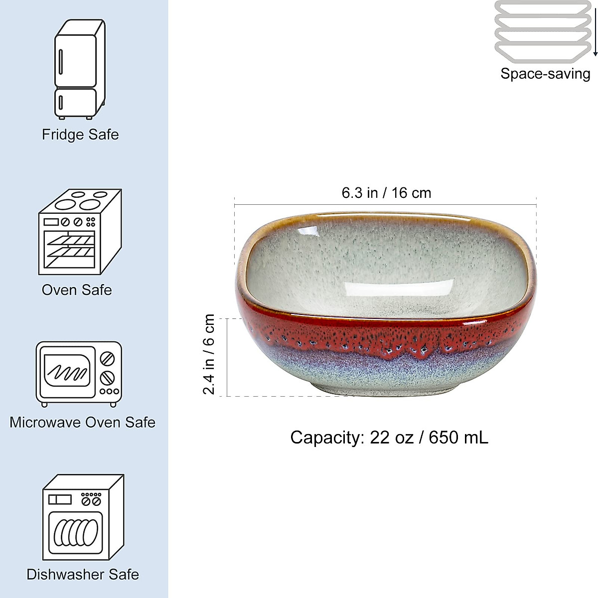 HENXFEN LEAD Ceramic Cereal Bowls, Square Serving Bowls 22 Oz for Side Dish, Appetizers, Salad - Oatmeal, Soup, Fruit Bowls Microwave Oven Safe, Set of 4 - Reactive Red