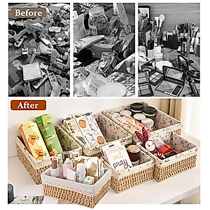 VTOBON Small Wicker Basket with Lid, 3-Pack Toilet Paper Storage Baskets with Removable Liner Tampon Holder for Bathroom Makeup Drawer Desk Closet Organizer Storage, Natural