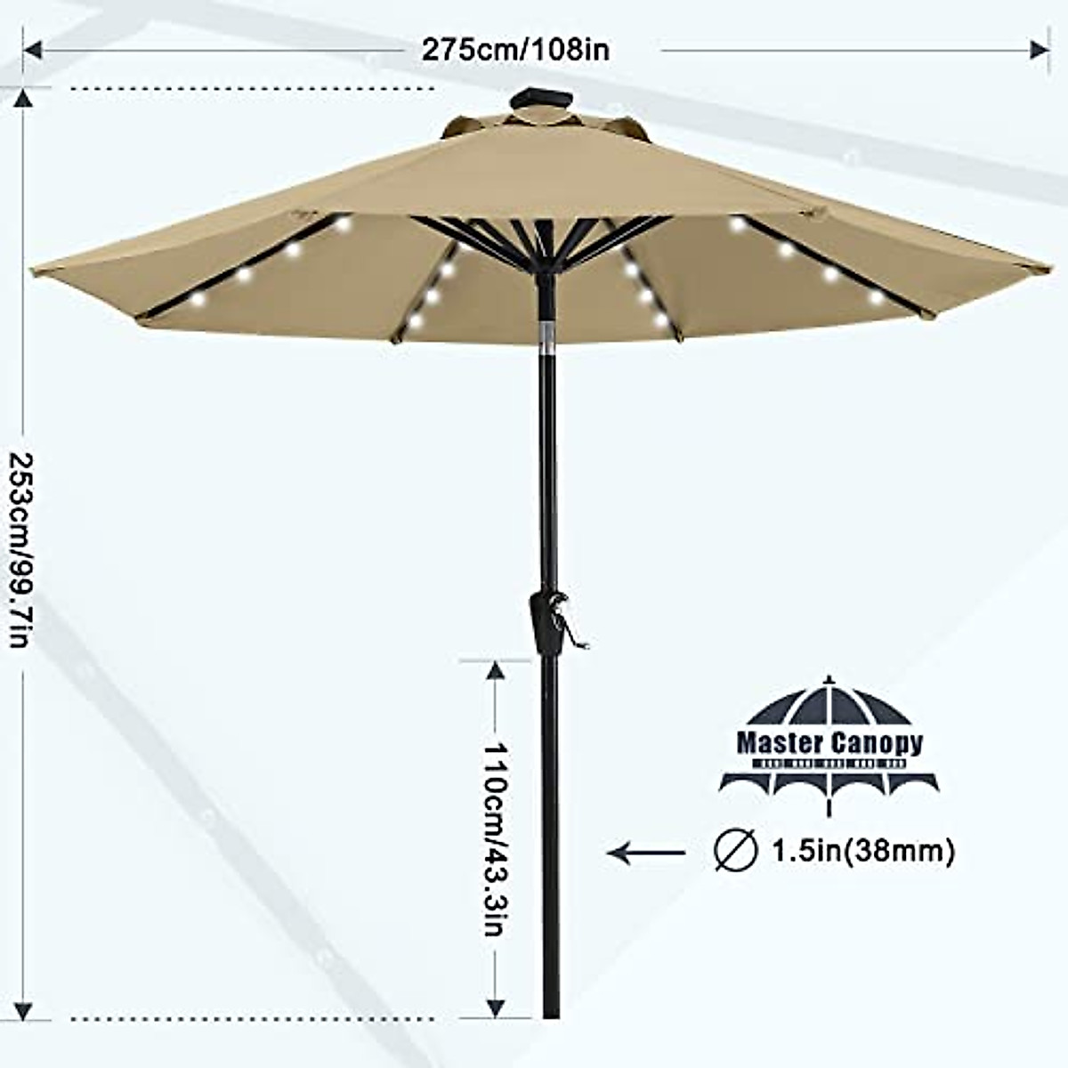MASTERCANOPY Patio Umbrella with 32 Solar LED Lights -8 Ribs (9ft,Khaki)