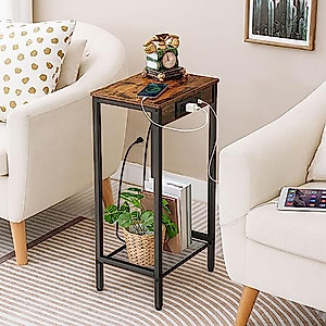 HOOBRO Tall Side Table with Charging Station, Industrial End Telephone Table with Mesh Shelf, Small Entryway Table, Slim Nightstand for Living Room, Hallway, Bedroom, Rustic Brown and Black BF08UDH01