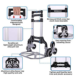 Stair Climbing Cart Portable Folding Hand Truck 165 lbs Weight Capacity Heavy-Duty Hand Cart Height Adjustable Aluminum Trolley with 6 Rubber Wheels & Bungee Cord Dolly for Moving, Luggage and Office