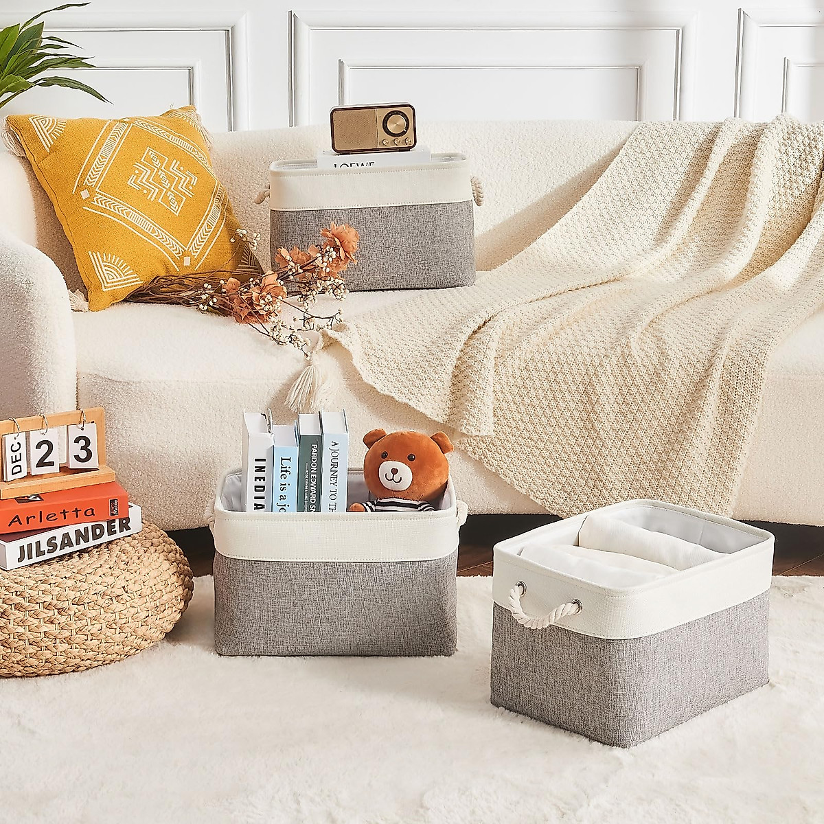 HOdo Home Fabric Storage Bin with Hard Bottom Base and 2 Bold Handles, Collapsible Large Canvas Storage Baskets for Organizing Shelf Nursery Home Closet (Grey&White, 15L×11W×9.5H - 3Pack)