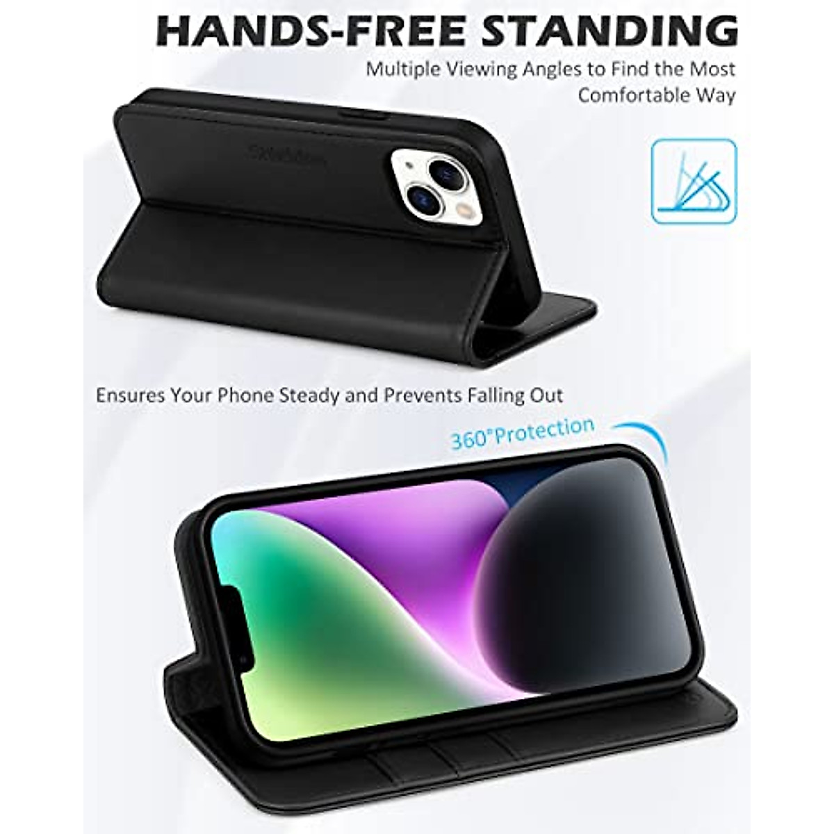 SHIELDON Case for iPhone 14 6.1" 5G, Genuine Leather iPhone 14 Wallet Folio Case [Magnetic Closure] [RFID Blocking Card Slots] [Kickstand] Full Protection Case Compatible with iPhone 14 2022 - Black