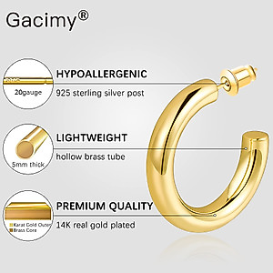Gacimy Chunky Gold Hoop Earrings for Women 14k Real Gold Plated, 925 Sterling Silver Post Gold Hoops for Women, 30mm Yellow Gold Medium Hoop Earrings