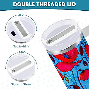 ODAWA 40oz Red Poppies Blue Insulated Tumbler Cup with Handle and Straw Lid, Vacuum Insulated Tumbler